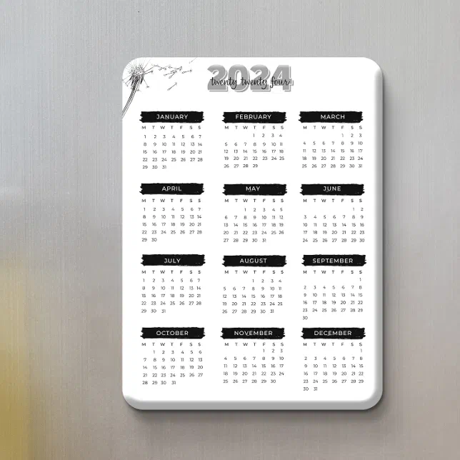 Modern Elegant 2024 Calendar Black And White Magnet | Zazzle