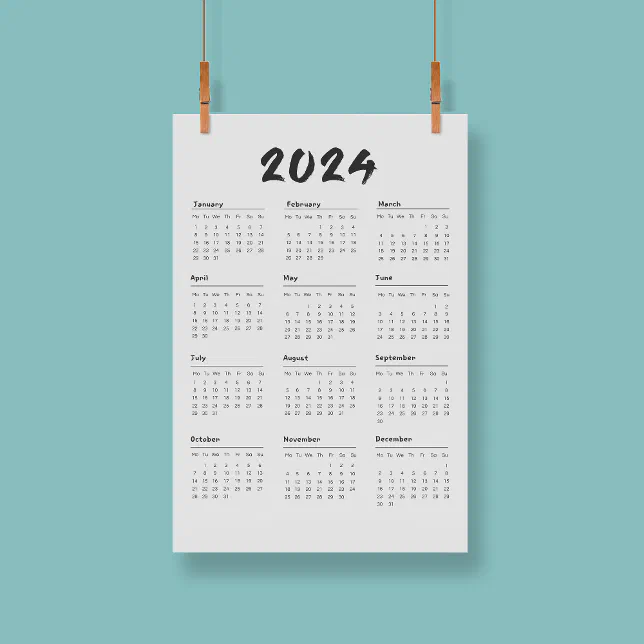 Modern Elegant 2024 Calendar Black And White Poster | Zazzle