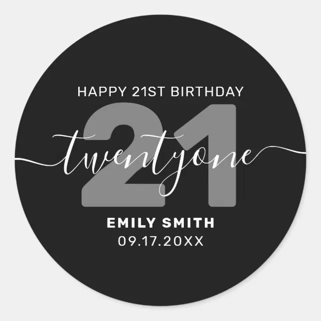 Modern Elegant 21st Birthday Classic Round Sticker | Zazzle