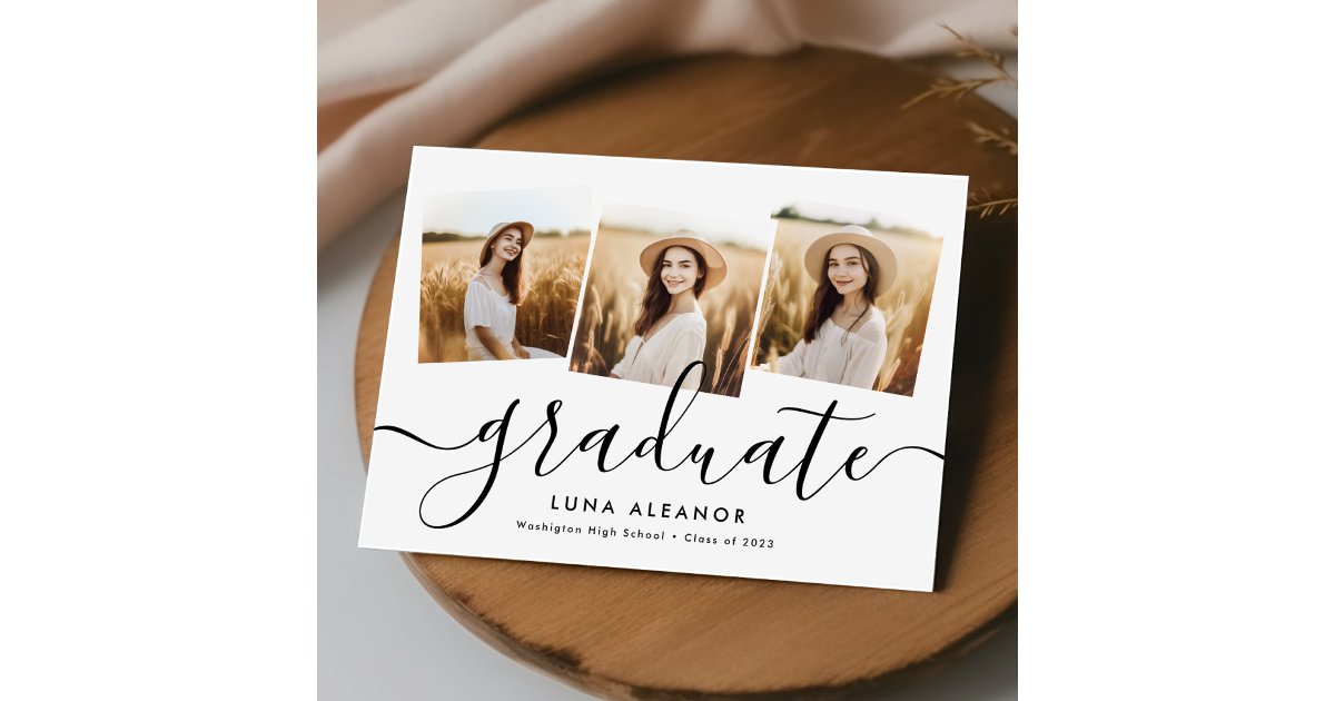 Modern Elegant 4 Photo Collage Script Graduation Invitation | Zazzle