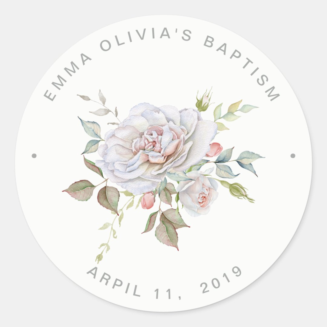 Modern Elegant Baptism | Delicate Floral Classic Round Sticker | Zazzle
