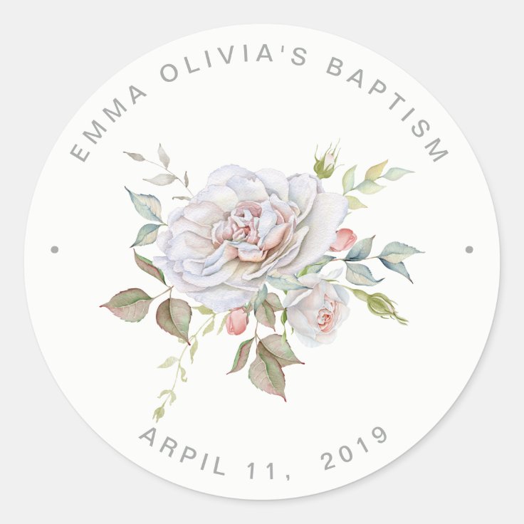 Modern Elegant Baptism | Delicate Floral Classic Round Sticker | Zazzle
