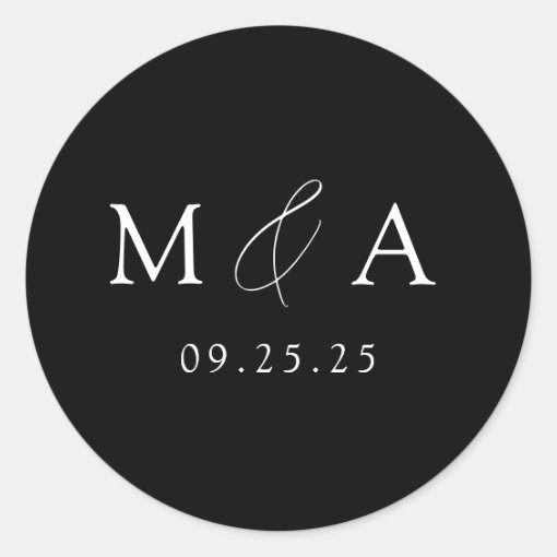 Modern Elegant Black and White Monogram Wedding Classic Round Sticker | Zazzle