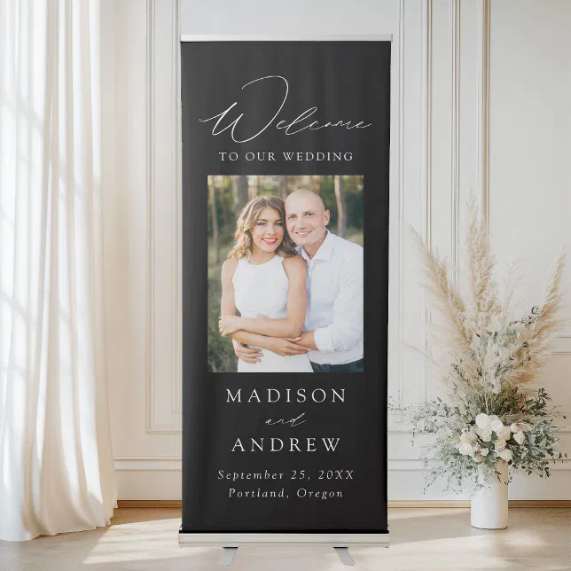 Modern Elegant Black and White Photo Wedding Retractable Banner | Zazzle