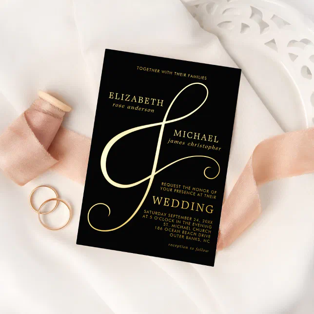 Modern Elegant Black Gold Ampersand Wedding Foil Invitation | Zazzle
