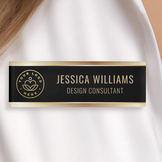 Modern Elegant Black Gold Business Logo Name Tag | Zazzle