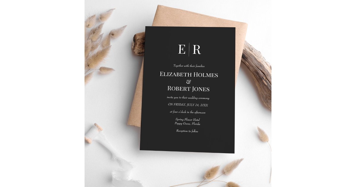 Modern Elegant Black Monogram Wedding Invitation | Zazzle