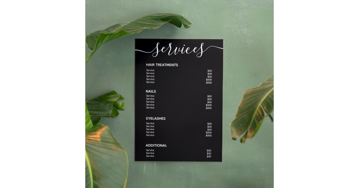 Modern Elegant Black Salon Price List Service Menu Poster | Zazzle