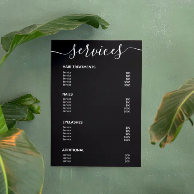 Modern Elegant Black Salon Price List Service Menu Poster | Zazzle