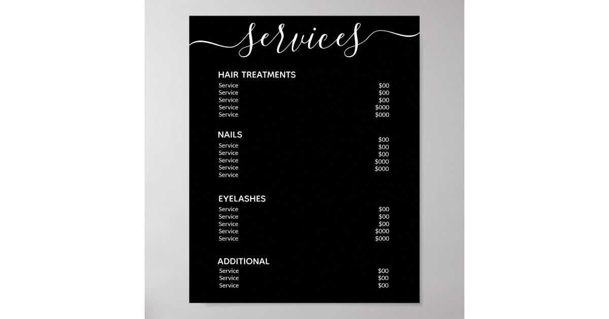 Modern Elegant Black Salon Price List Service Menu Poster | Zazzle