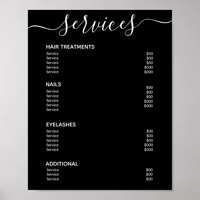 Modern Elegant Black Salon Price List Service Menu Poster | Zazzle