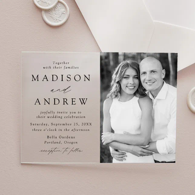Modern Elegant Black Script Photo Wedding Acrylic Invitations | Zazzle