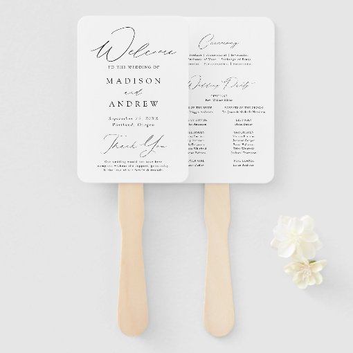 Modern Elegant Black Script Wedding Program Hand Fan | Zazzle