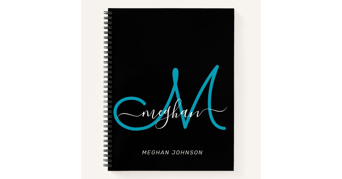 Modern Elegant Black Teal Script Monogram Notebook | Zazzle