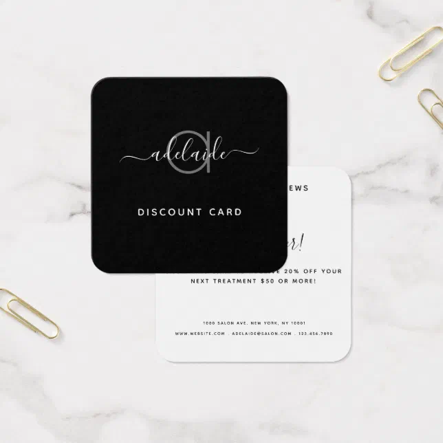 Modern Elegant Black White Monogram Discount Card | Zazzle