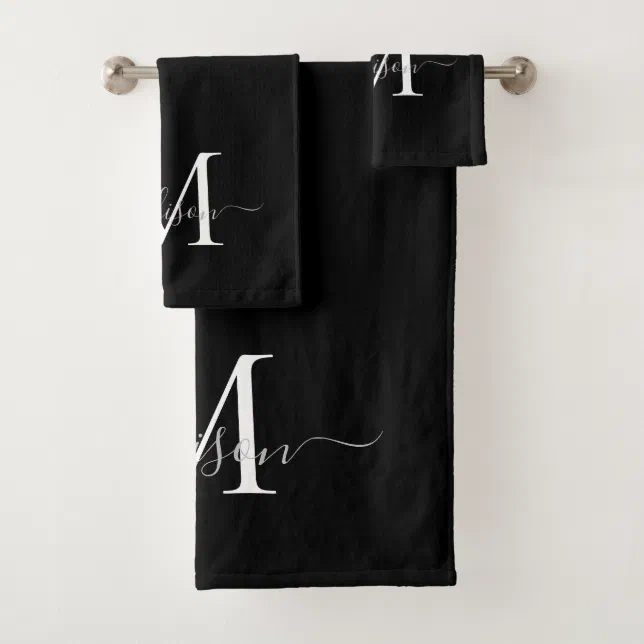 Modern Elegant Black White Monogram Script Name Bath Towel Set | Zazzle