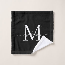 Modern Elegant Black White Monogram Script Name Bath Towel Set | Zazzle