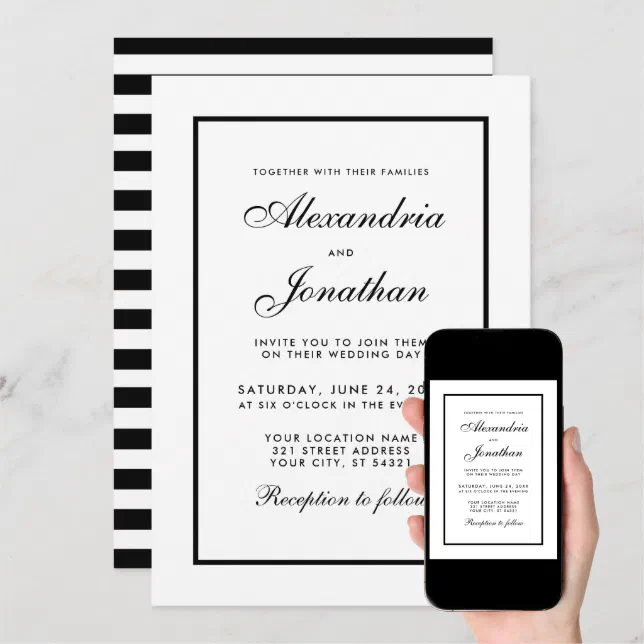 Modern Elegant Black & White Wedding Invitation S | Zazzle