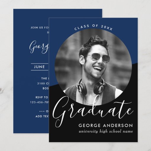 Modern Elegant Blue Black Photo Graduation Party Invitation | Zazzle