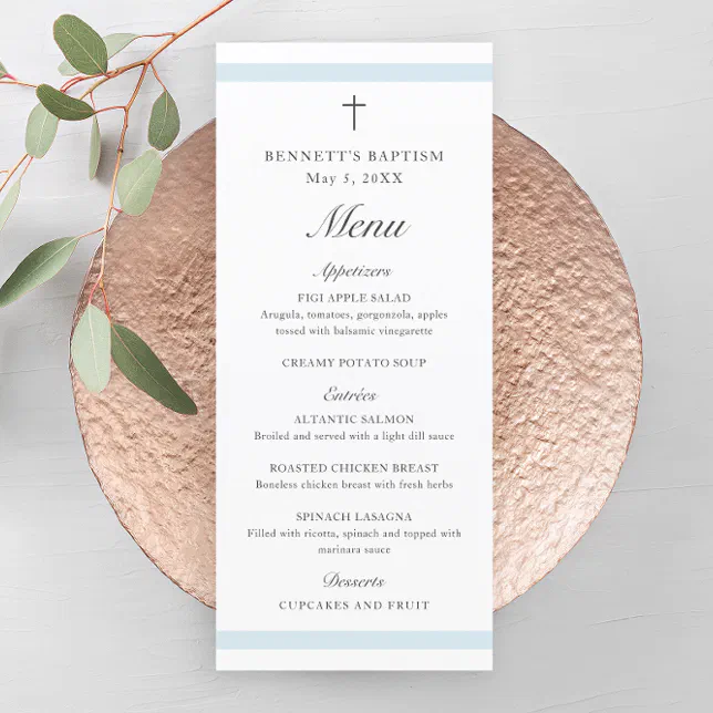 Modern Elegant Blue Boys Baptism Menu | Zazzle