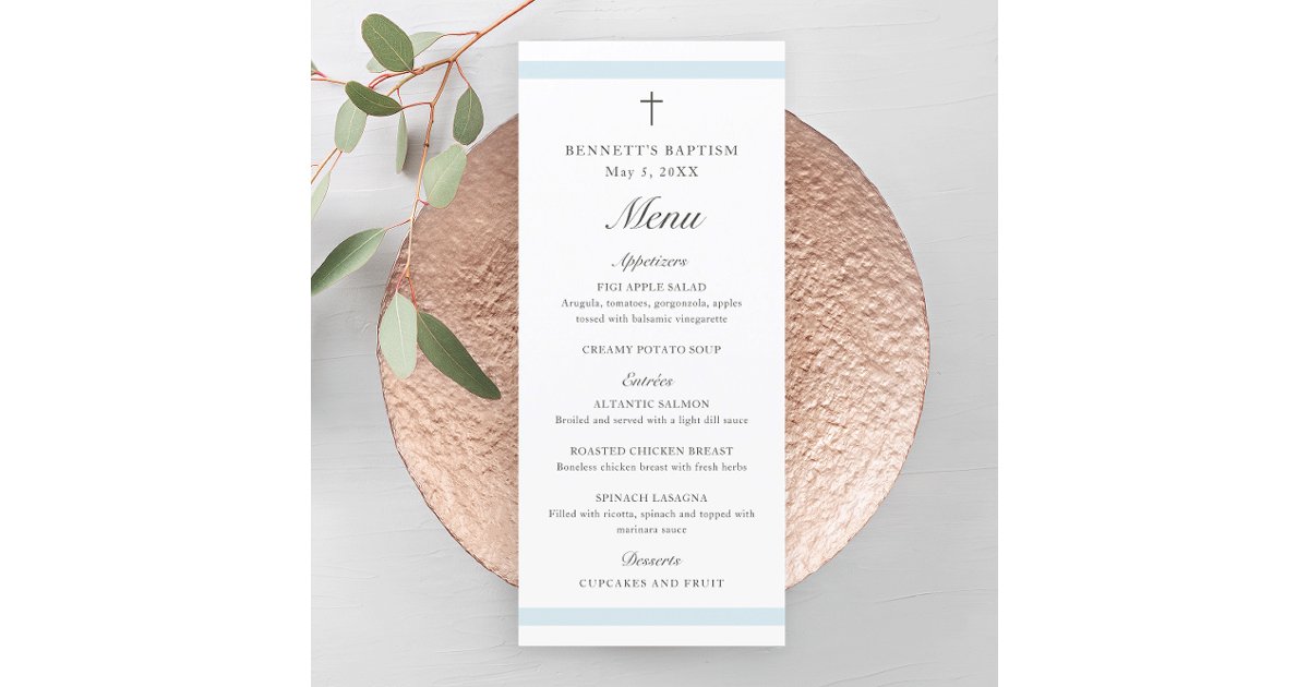 Modern Elegant Blue Boys Baptism Menu | Zazzle