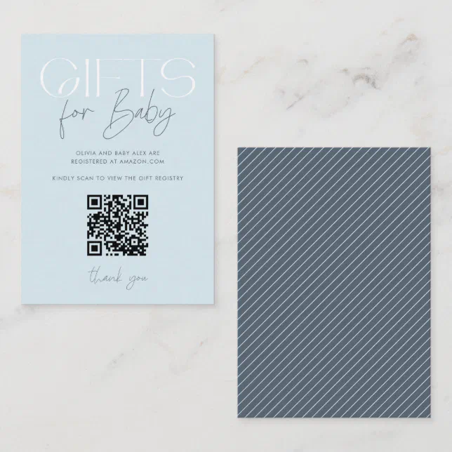 Modern Elegant Blue Gifts Baby Shower QR Code Enclosure Card | Zazzle