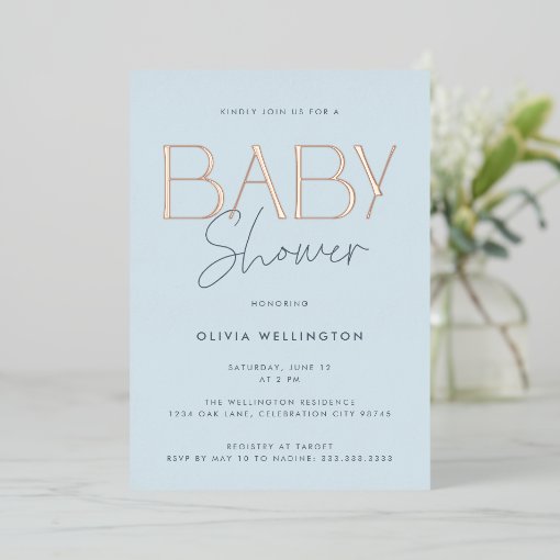 Modern Elegant Blue Script Baby Shower Gold Foil Invitation | Zazzle