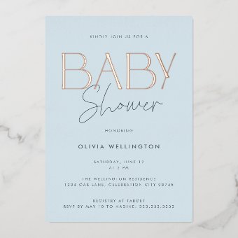 Modern Elegant Blue Script Baby Shower Gold Foil Invitation | Zazzle