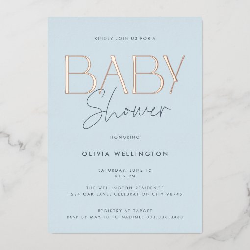 Modern Elegant Blue Script Baby Shower Gold Foil Invitation | Zazzle