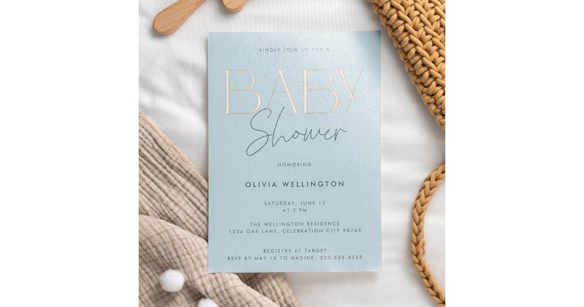 Modern Elegant Blue Script Baby Shower Gold Foil Invitation | Zazzle