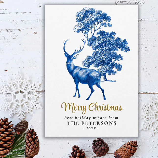 Modern Elegant Blue Toile Deer Woodland Card | Zazzle