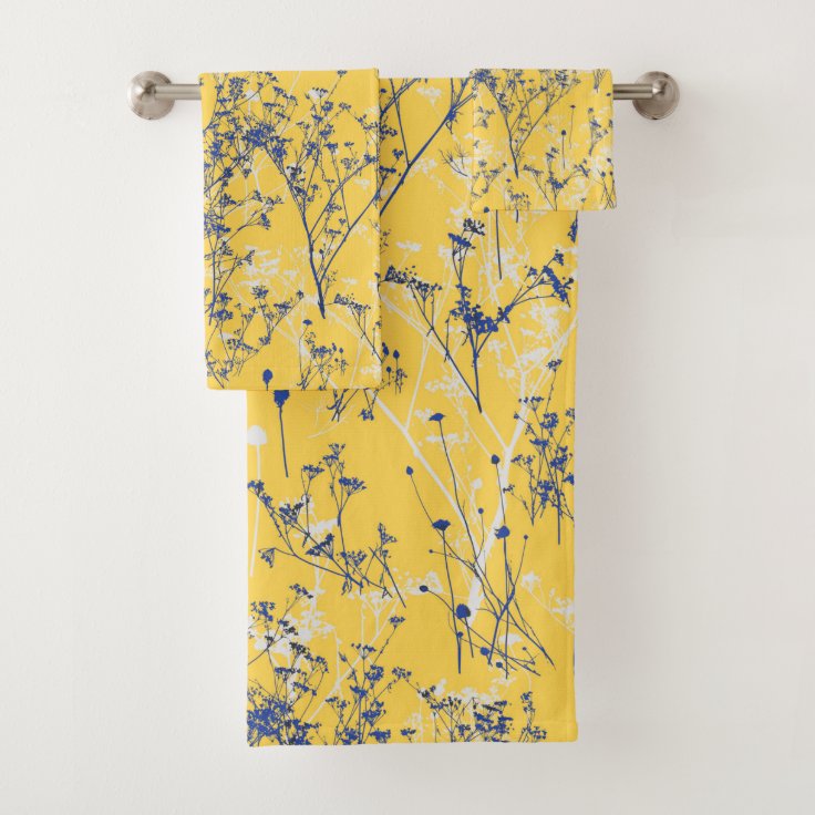 Modern Elegant Blue Wildflowers Mustard Yellow Bath Towel Set | Zazzle