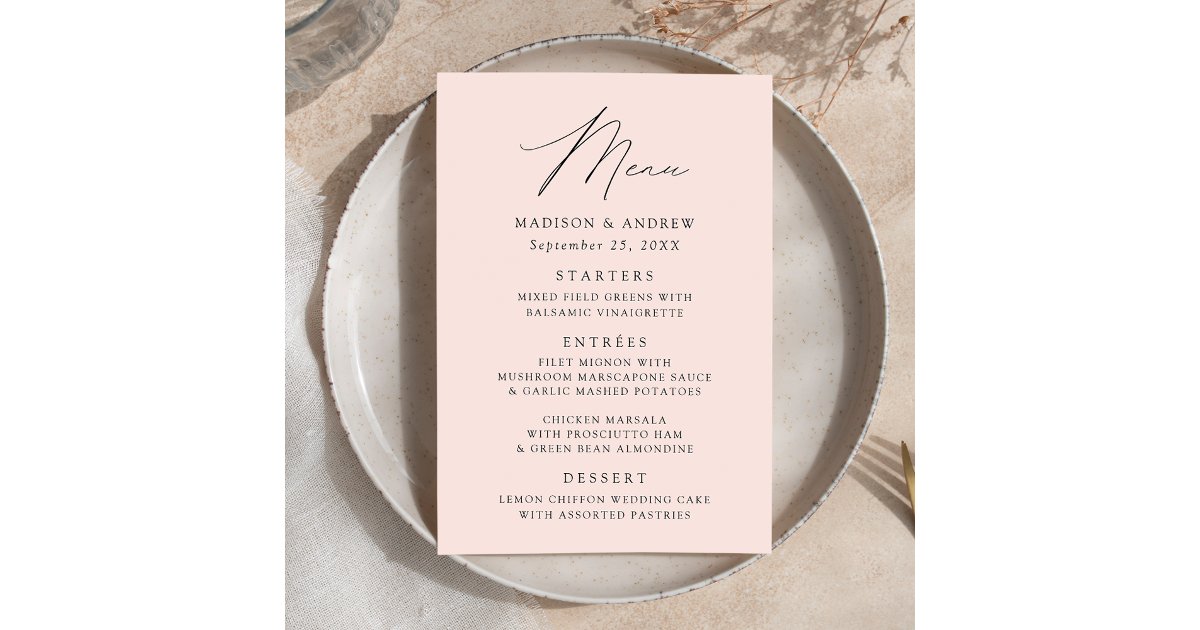 Modern Elegant Blush Wedding Menu | Zazzle