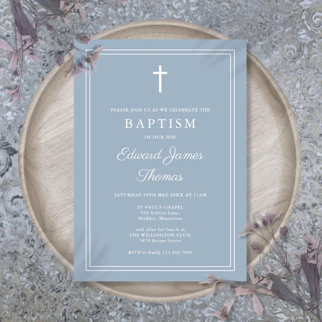Modern Elegant Border Dusty Blue Baptism Invitation | Zazzle