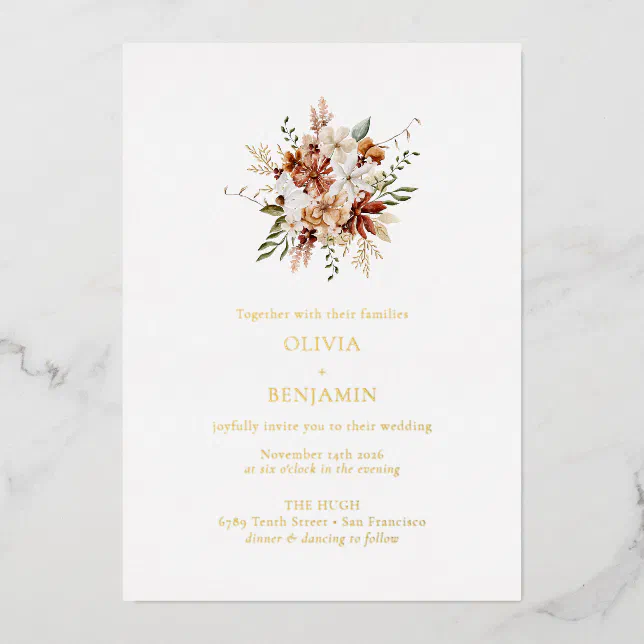 Modern Elegant Botanical Burgundy Bouquet Wedding Foil Invitation | Zazzle