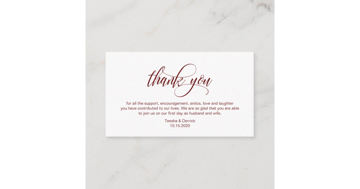 Modern Elegant, Burgundy Script Wedding Thank you Enclosure Card | Zazzle