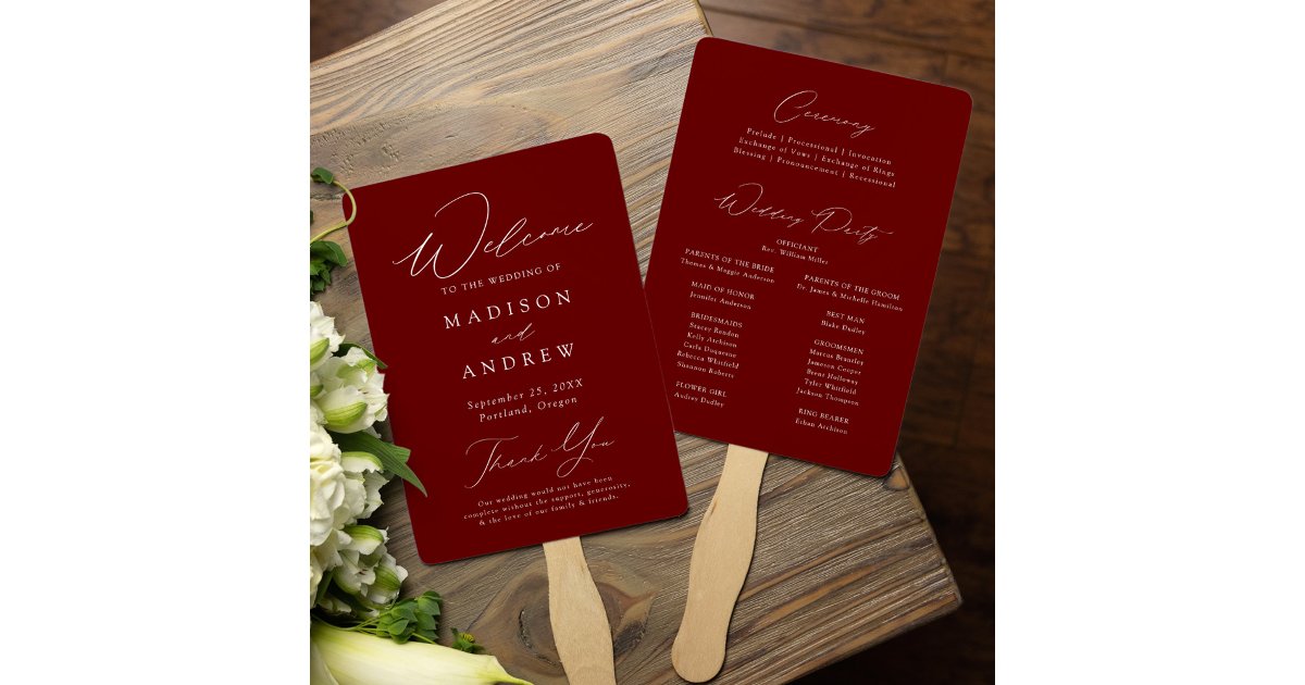 Modern Elegant Burgundy Wedding Program Hand Fan | Zazzle