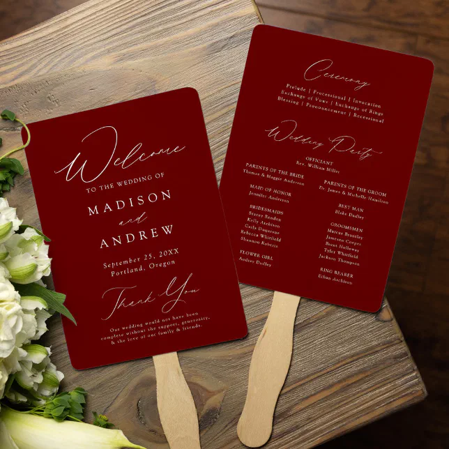 Modern Elegant Burgundy Wedding Program Hand Fan | Zazzle