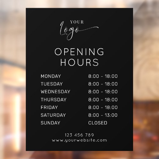 Modern Elegant Business Logo Black Opening Hours Window Cling | Zazzle