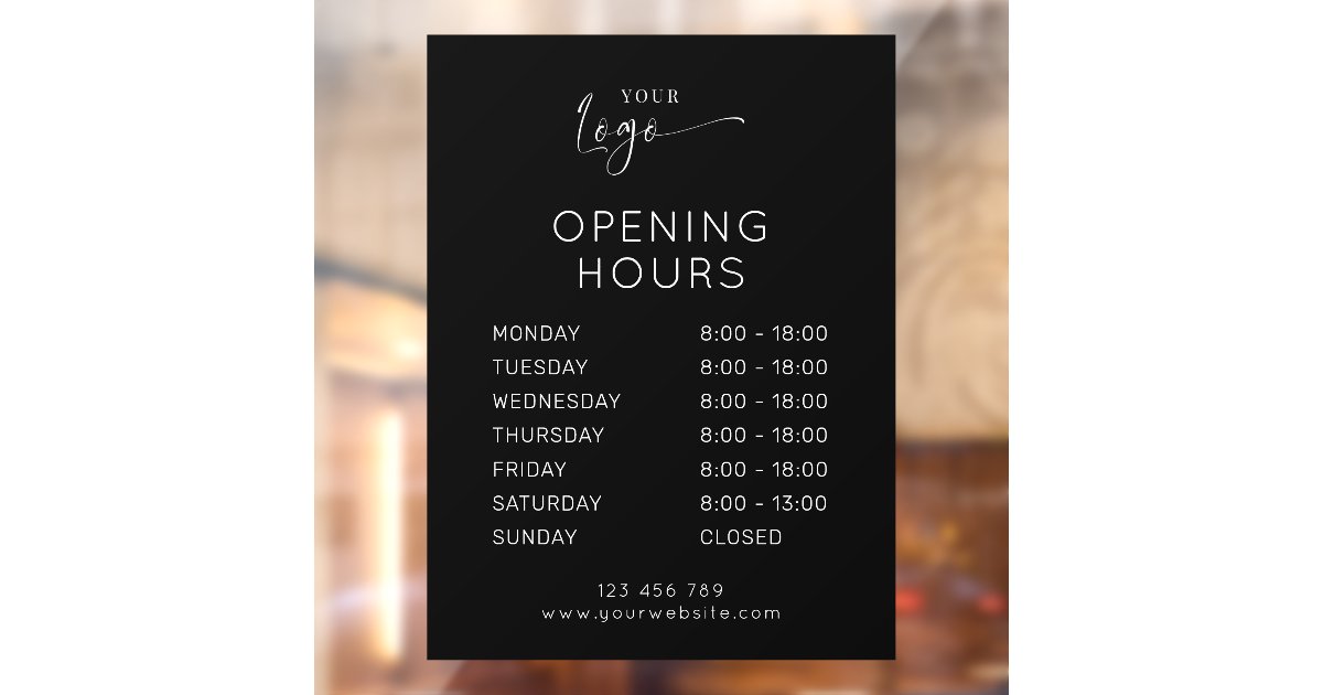 Modern Elegant Business Logo Black Opening Hours Window Cling | Zazzle