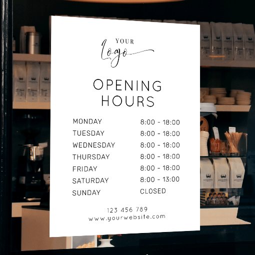 Modern Elegant Business Logo White Opening Hours Window Cling | Zazzle