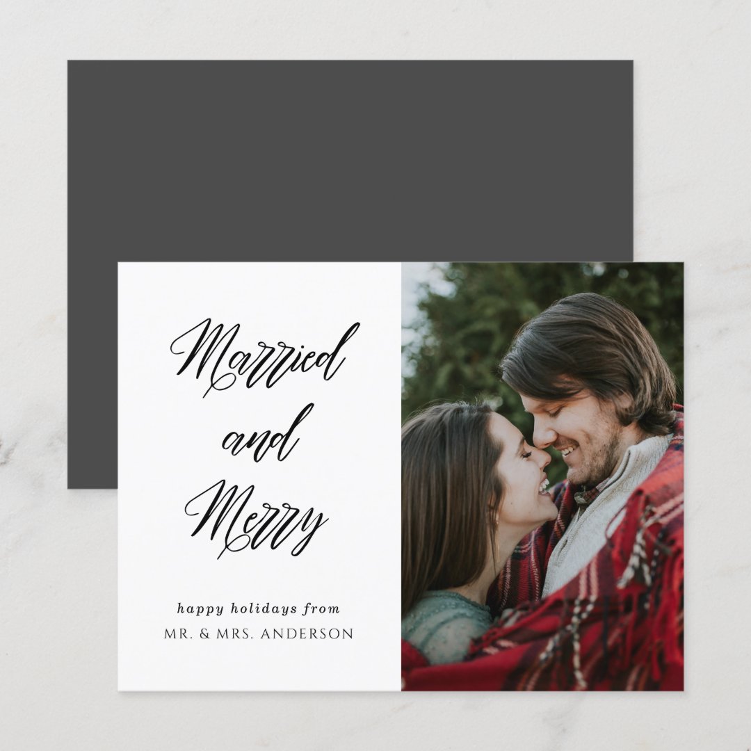 Modern Elegant Calligraphy Married and Merry Photo Postcard | Zazzle