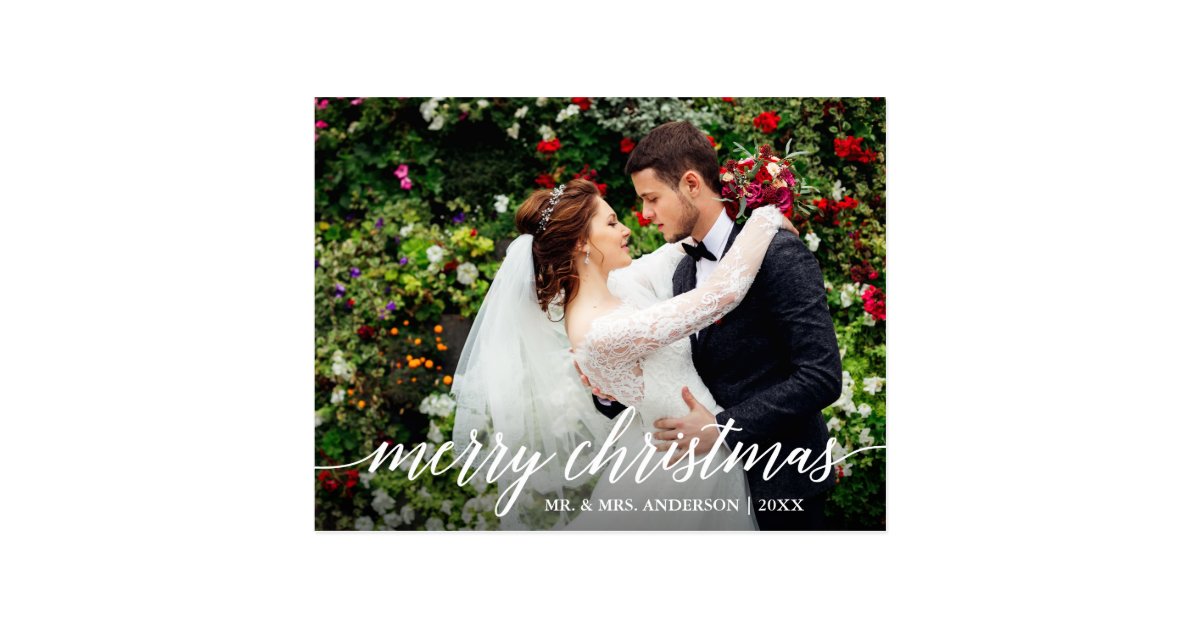 Modern Elegant Calligraphy Merry Christmas Wedding Postcard | Zazzle.com