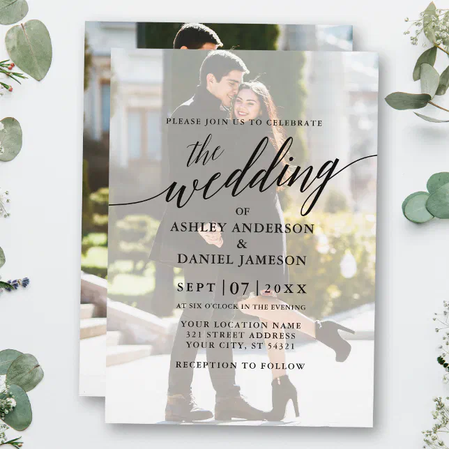 Modern Elegant Calligraphy Photo Overlay Wedding Invitation | Zazzle