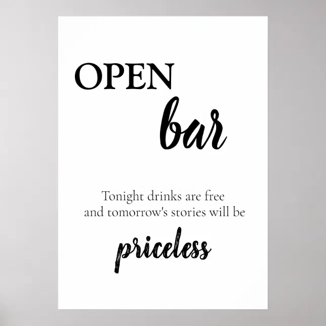 Modern Elegant Calligraphy Wedding Open Bar Drinks Poster | Zazzle