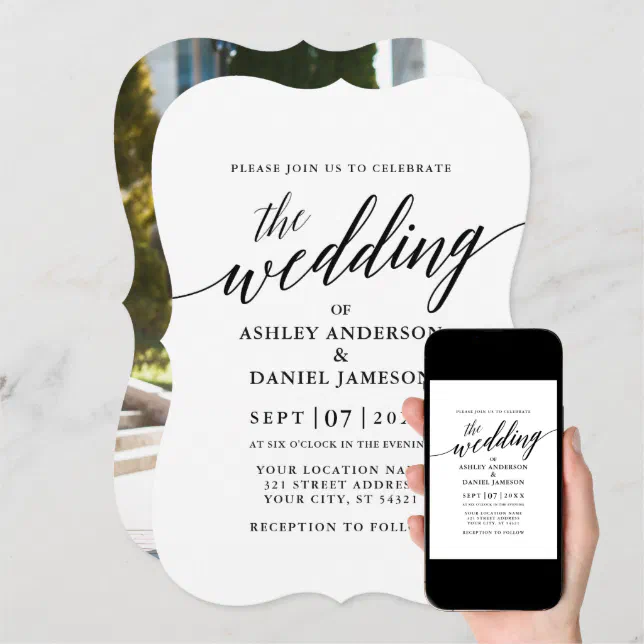 Modern Elegant Calligraphy Wedding Photo Back Invitation | Zazzle