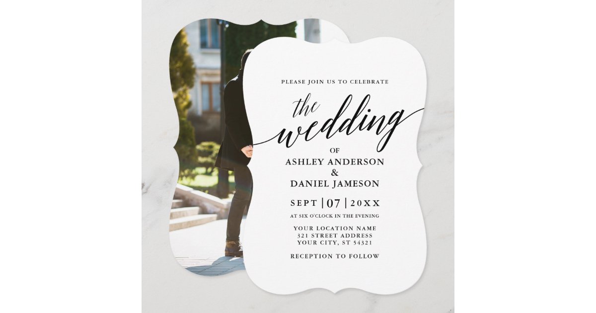 Modern Elegant Calligraphy Wedding Photo Back Invitation | Zazzle