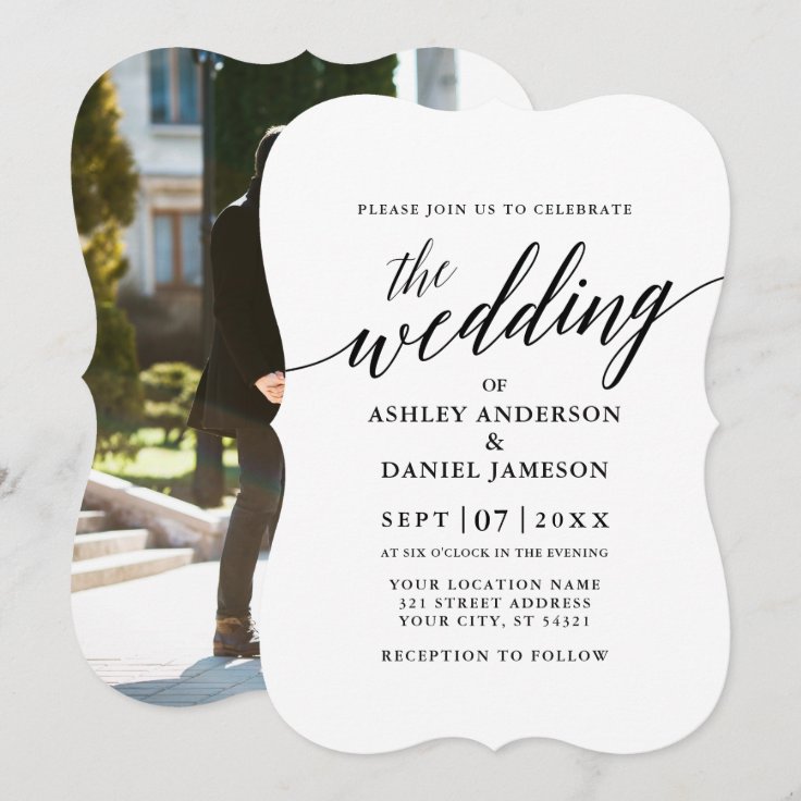 Modern Elegant Calligraphy Wedding Photo Back Invitation | Zazzle