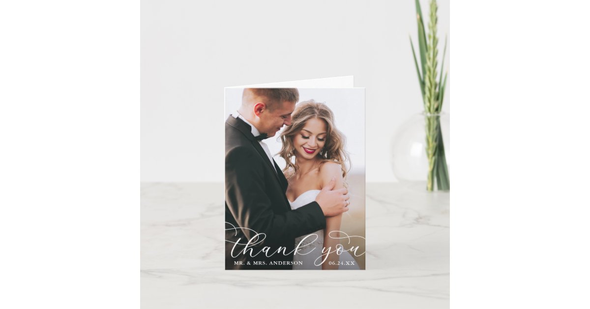 Modern Elegant Calligraphy Wedding Photo Note W Thank You Card | Zazzle