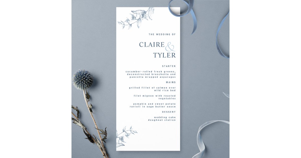 Modern Elegant Chic Blue Wedding Menu | Zazzle